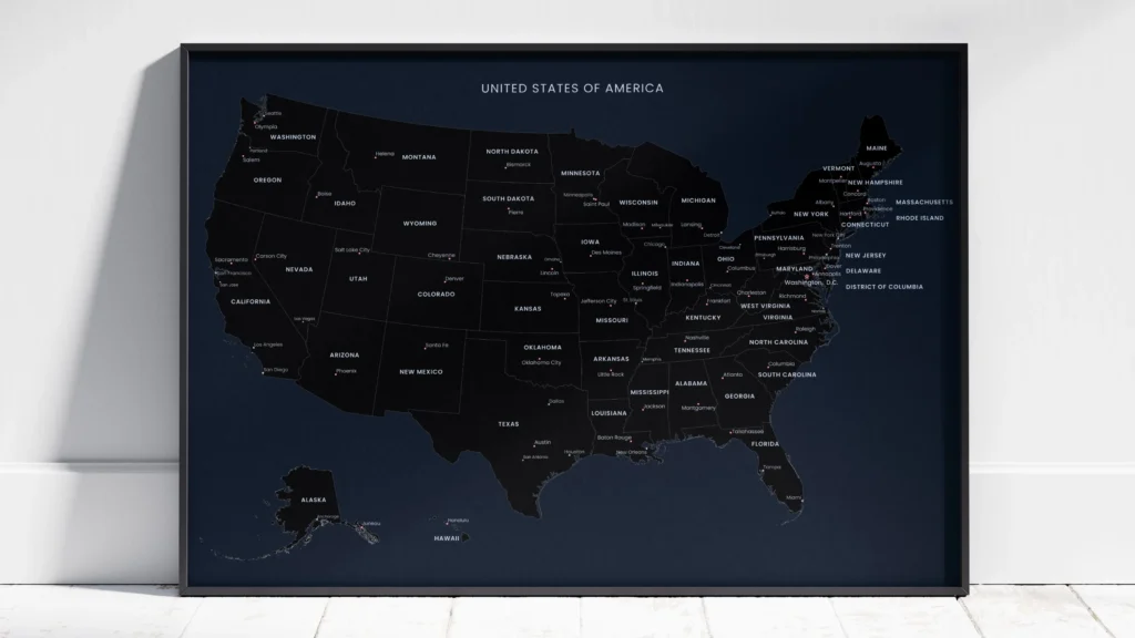 United States Black Minimal Political Map Printable, States, Capitals ...